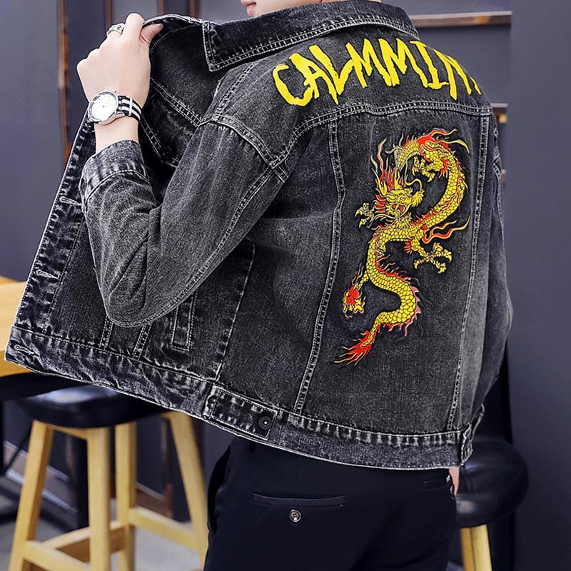 Men`s Cool Dragon Emboridery Jean Jacket Motorcycl... – Vicedeal