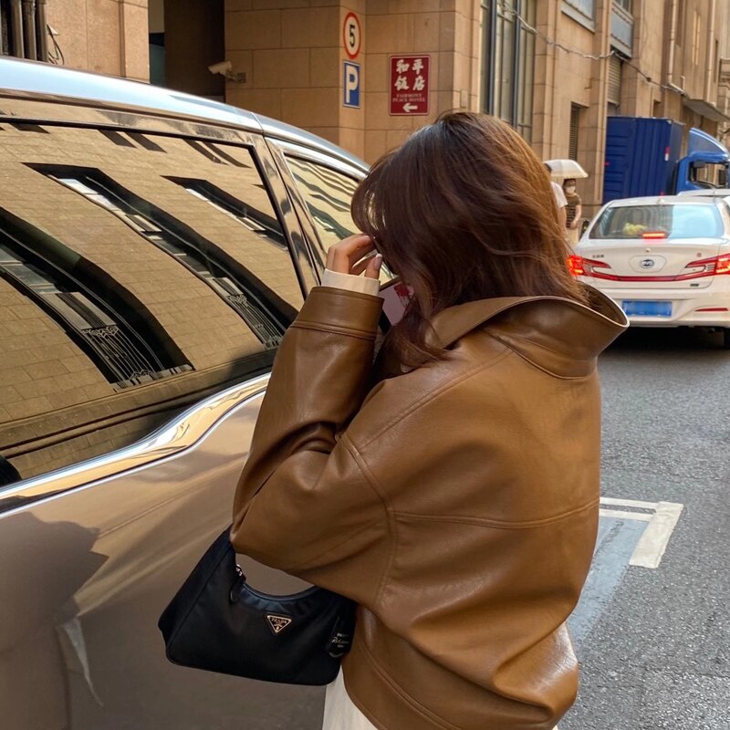 2022 Spring Short Brown Thick Oversized Faux Leath... – Grandado