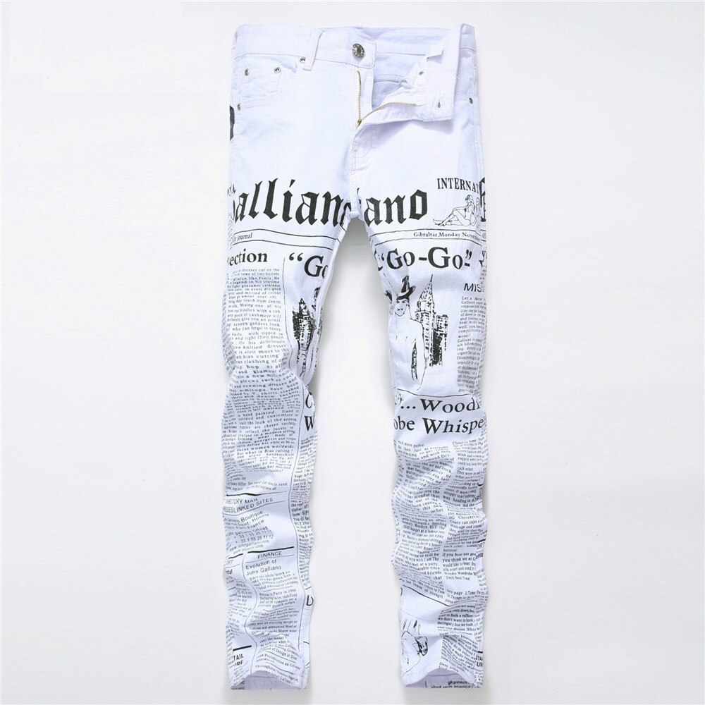 Printed Jeans Men White Denim Pants Night Club Par... – Grandado