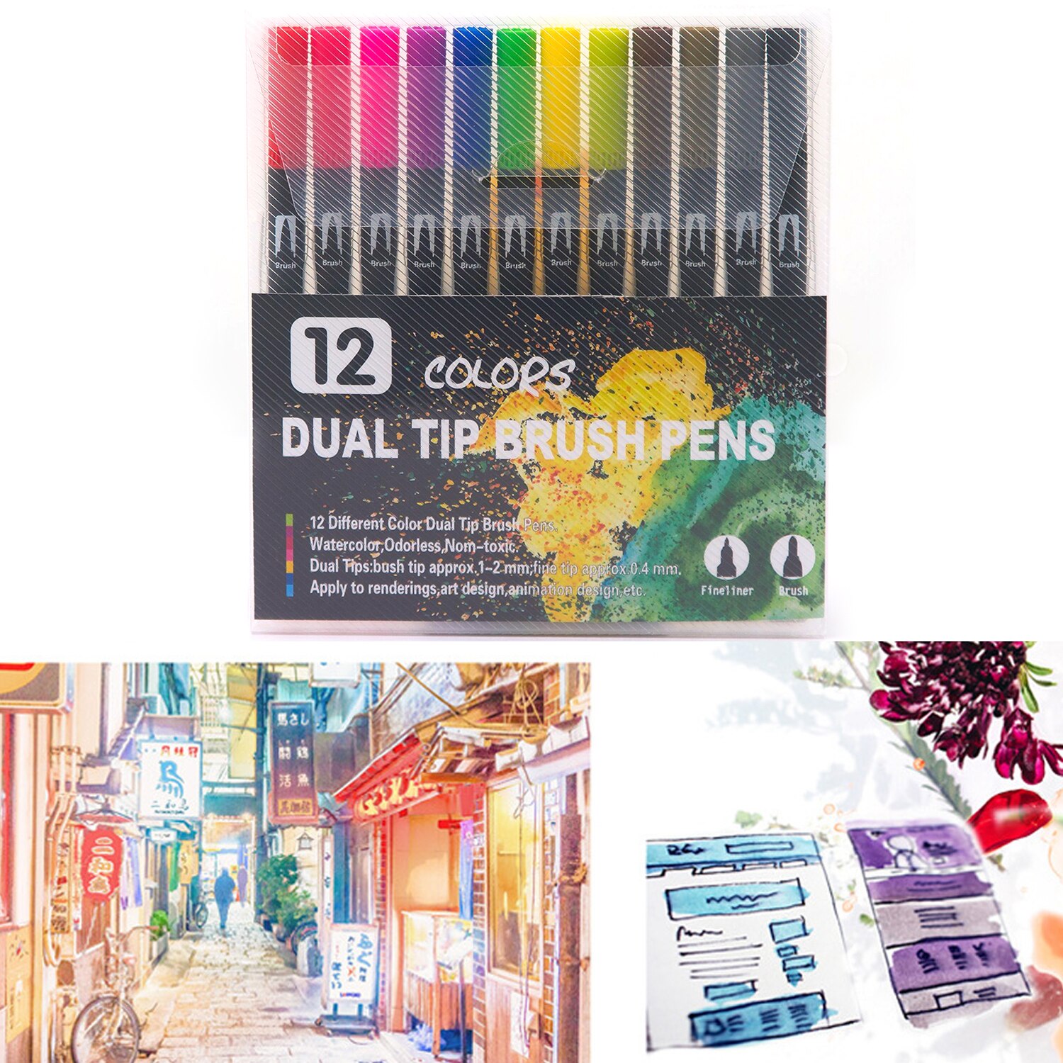 12 Colors Dual Tip Brush Pen Watercolor Drawing Pa... – Grandado
