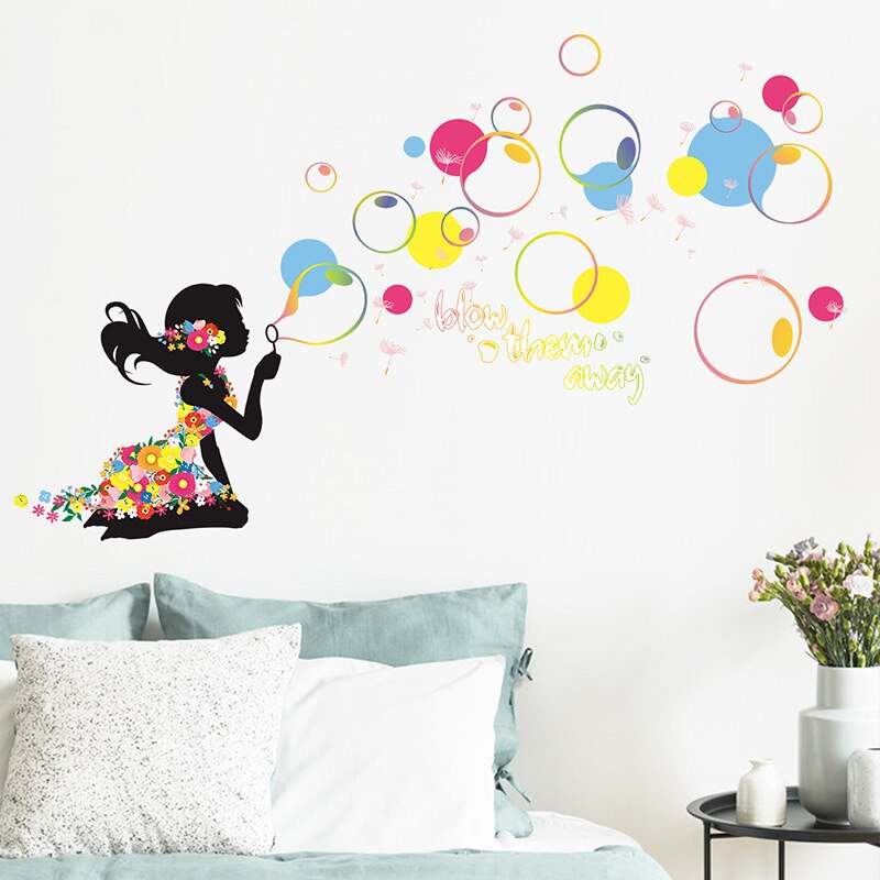 Colorful Girl Blowing Bubbles Girl Wall Stickers G... – Grandado