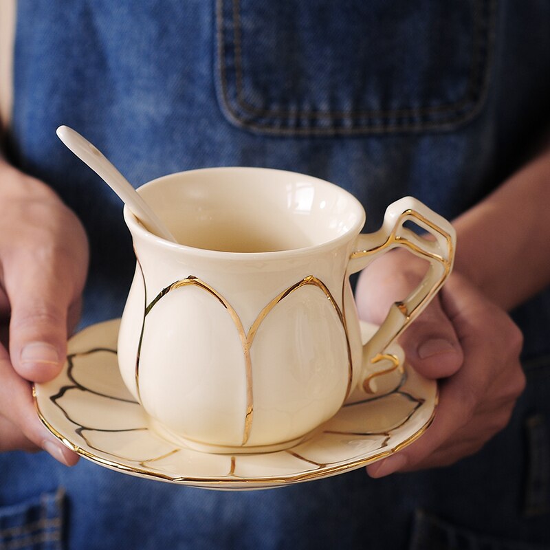 European ceramic Coffee cups set golden rim Bone C... – Grandado