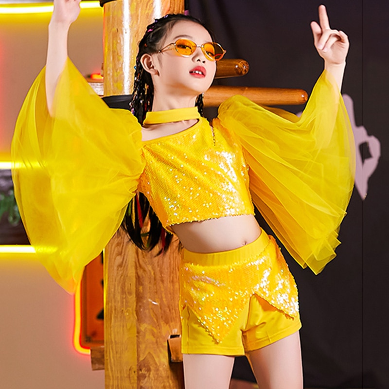 Hip Hop Dance Costume Girls Yellow Sequined Jazz S... – Grandado