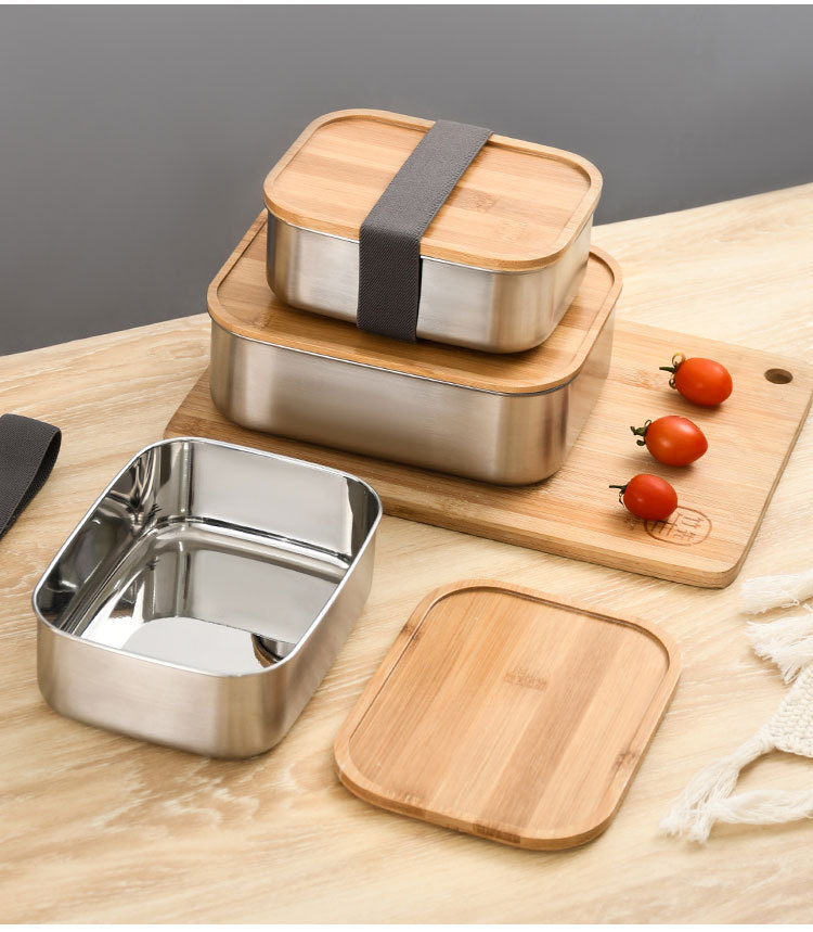 304 stainless steel bamboo wooden cover lunch box ... – Grandado