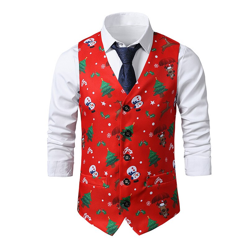 Snowman Print Red Waistcoat Men Brand Slim Fit V N... – Vicedeal