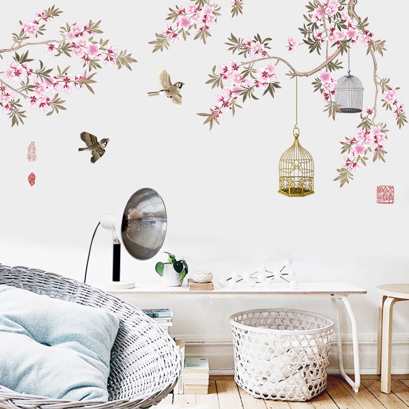 Grote Chinese Stijl Roze Bloemen Vogelkooi Muursti... – Grandado