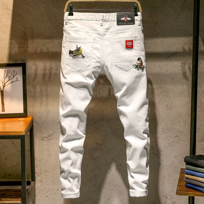 Men Slim white bird Embroidered Hip hop Jeans Slim... – Grandado