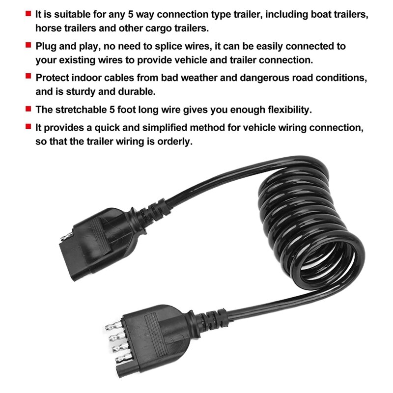Trailer Connector American 5-Pin Spring Cable 5FT ... – Vicedeal