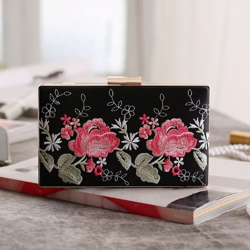 Box Evening Bag Embroidered Flower Clutch Bag Blac... – Grandado