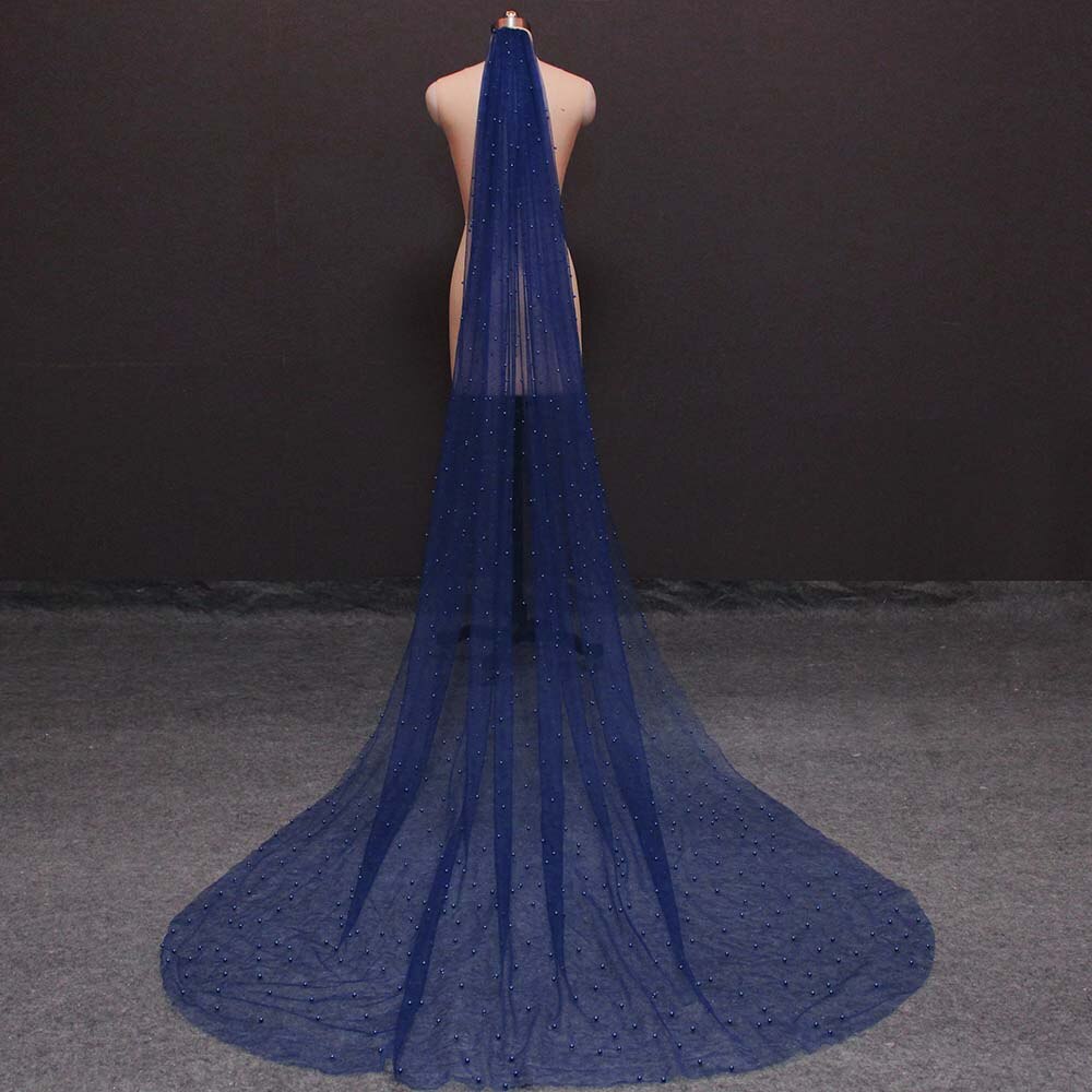 Velo de novia con perlas de color azul marino, acc... – Grandado