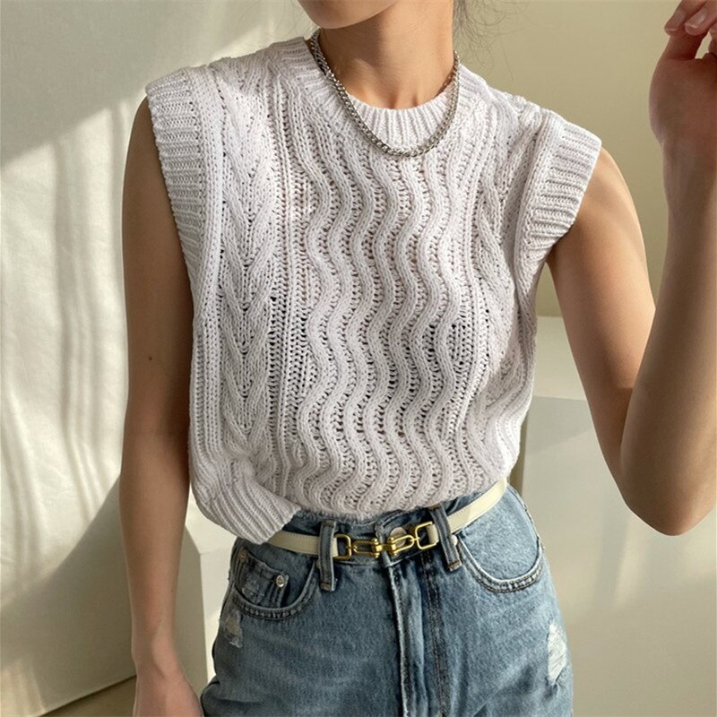 KUSAHIKI Spring Sleeveless O-neck Knitted Vest Cau... – Grandado