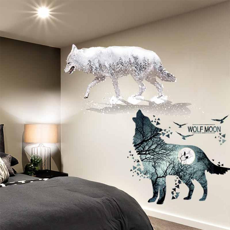 3D Snow Wolf Deer Wolf Moon Wall Sticker Wallpaper... – Grandado