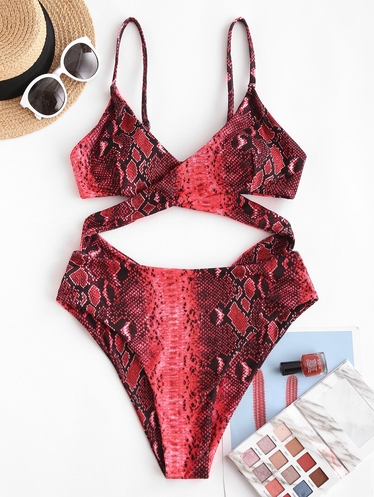 ZAFUL Ribbed Snake Print Criss Cross Cutout One-pi... – Grandado