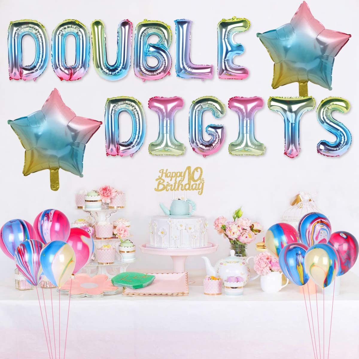 Rainbow 10th Birthday Decorations for Girls Double... – Vicedeal