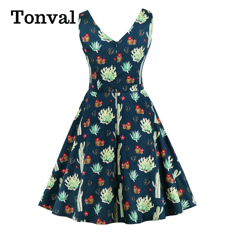 Tonval multicolor kaktustryck ärmlösa vintage dräk... – Vicedeal