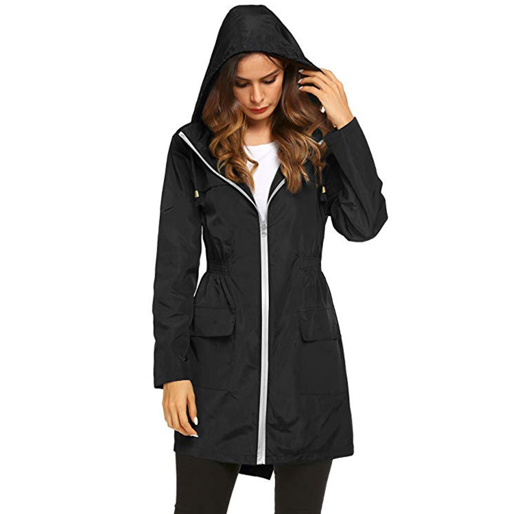Frauen Einfarbig Schwarz Lange Regenmantel Regen J... – Vicedeal