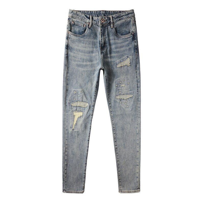 Streetwear Men Jeans Retro Blue Destroyed Patched ... – Vicedeal