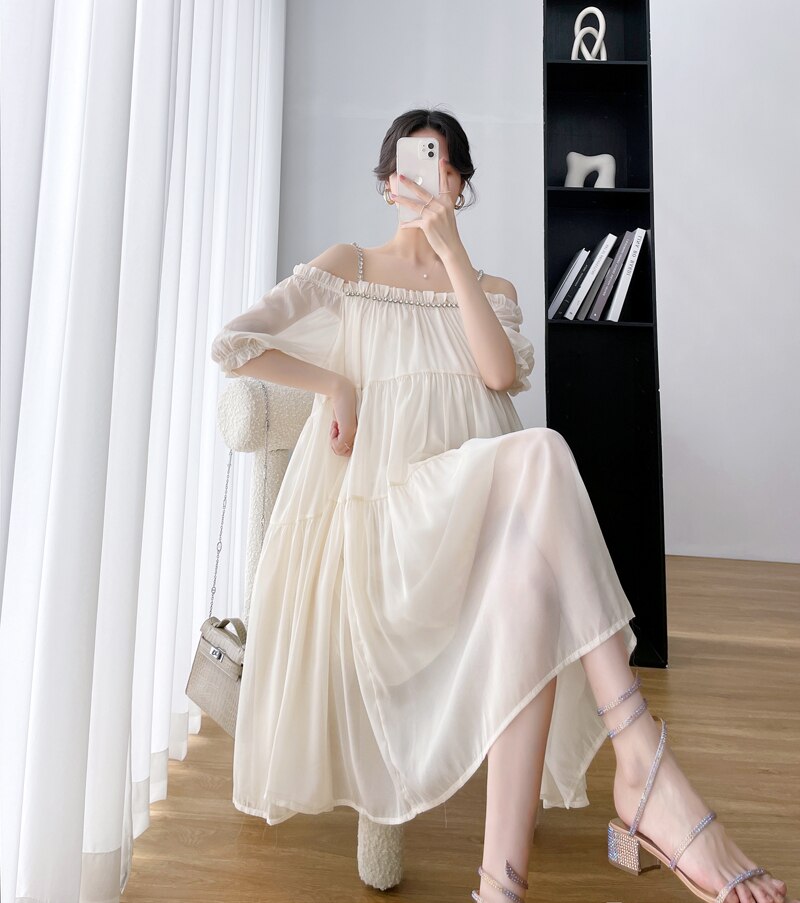 Summer Chiffon Maternity Dress Shoulderless Beadin... – Grandado