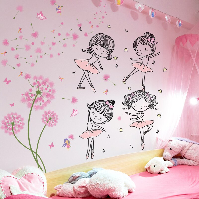 Cartoon Girl Dancer Wall Stickers DIY Pink Dandeli... – Grandado