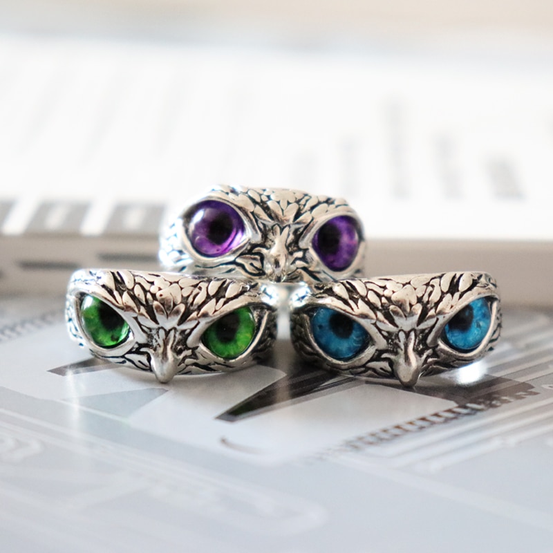 Charming Owl Ring Owl Ring Multicolor Eyes Silver ... – Grandado