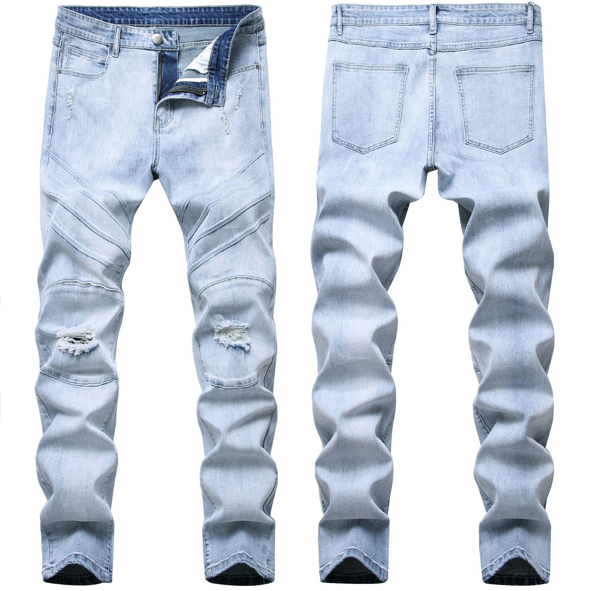Hole damage torn blue motorcycle jeans denim rubbe... – Grandado