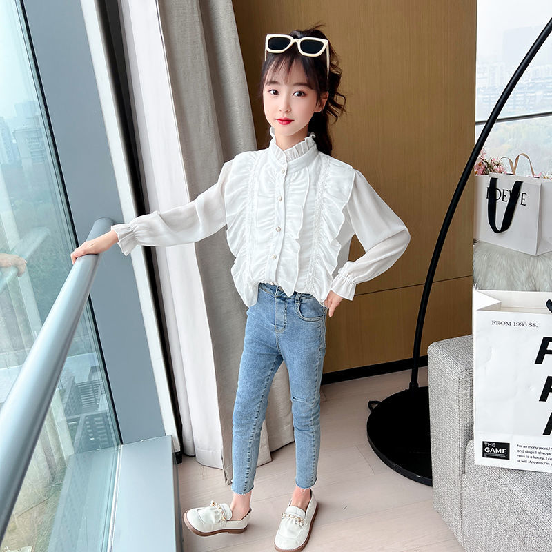 Girls Shirts Korean Ruffle Lace Chiffon Shirt Swee... – Vicedeal