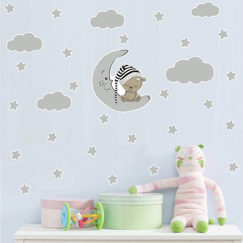 Tofok Cartoon Lovely Stars Moon Bear Clouds Wall S... – Vicedeal