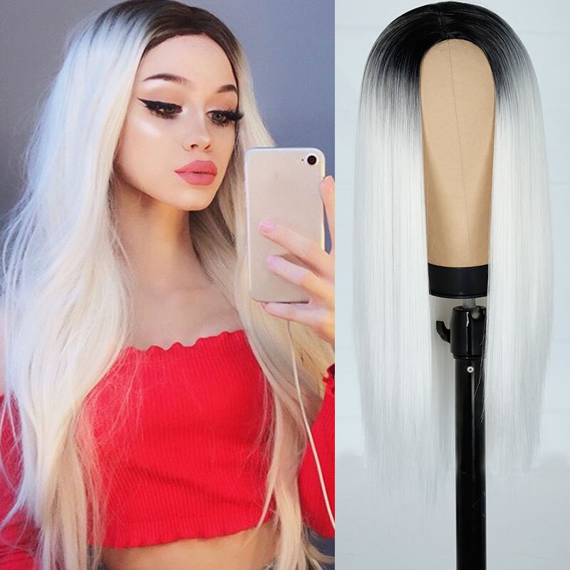 Pink Green Long Straight Hair Synthetic Wig For Wo... – Grandado