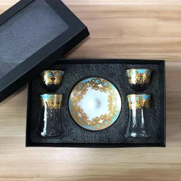Turkish Tea Cup Box Set Blue Gold Pattern Afternoo... – Grandado