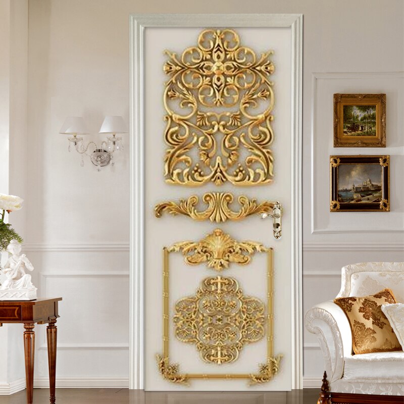 Door Sticker 3D Stereo Golden Relief Carved Flower... – Grandado