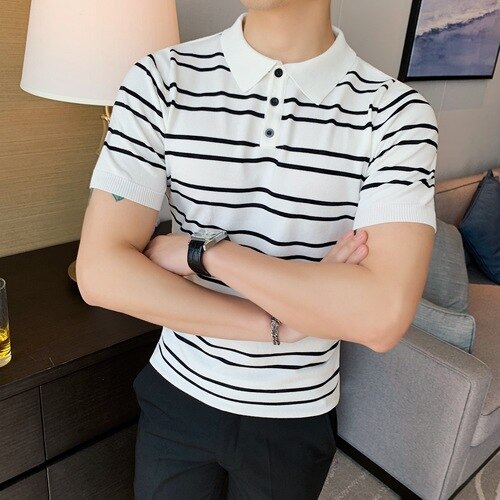 2022 Zomer Gestreepte Gebreide Polo Shirt Mannen K... – Grandado