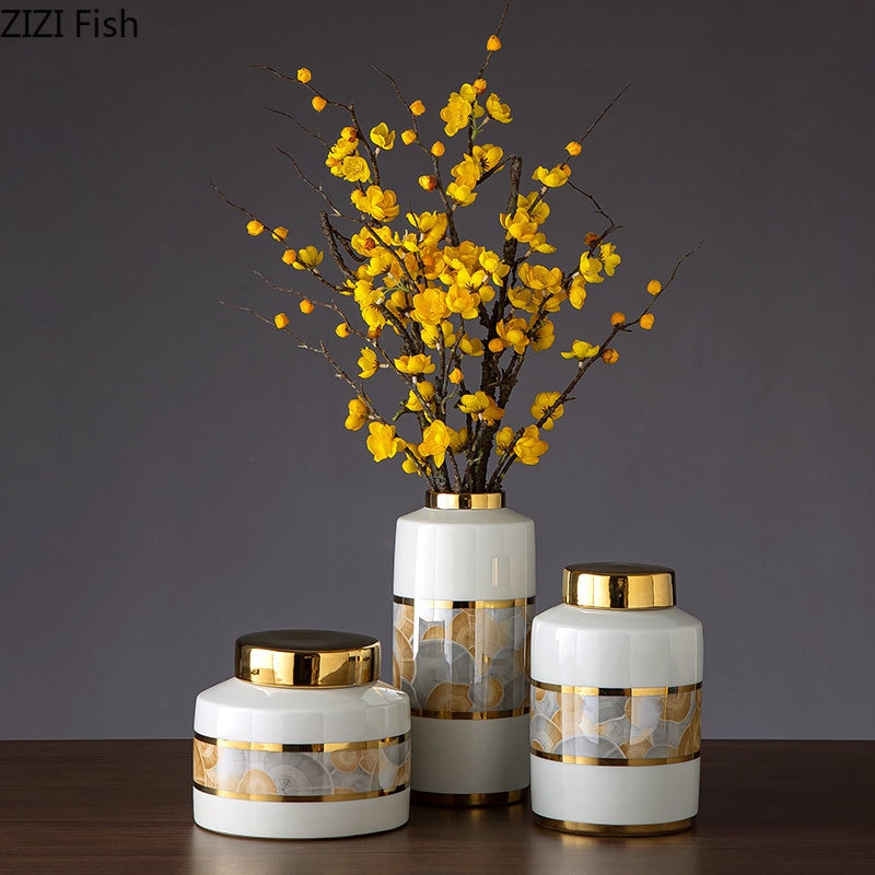 Painted Ceramic Vases Storage Jar with Lid Golden ... – Grandado