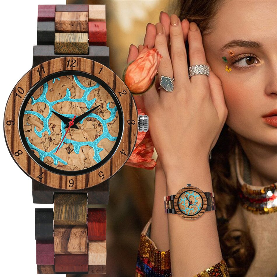 Full Wood Women Bracelet Watch Blue Lava Dial Mixe... – Grandado