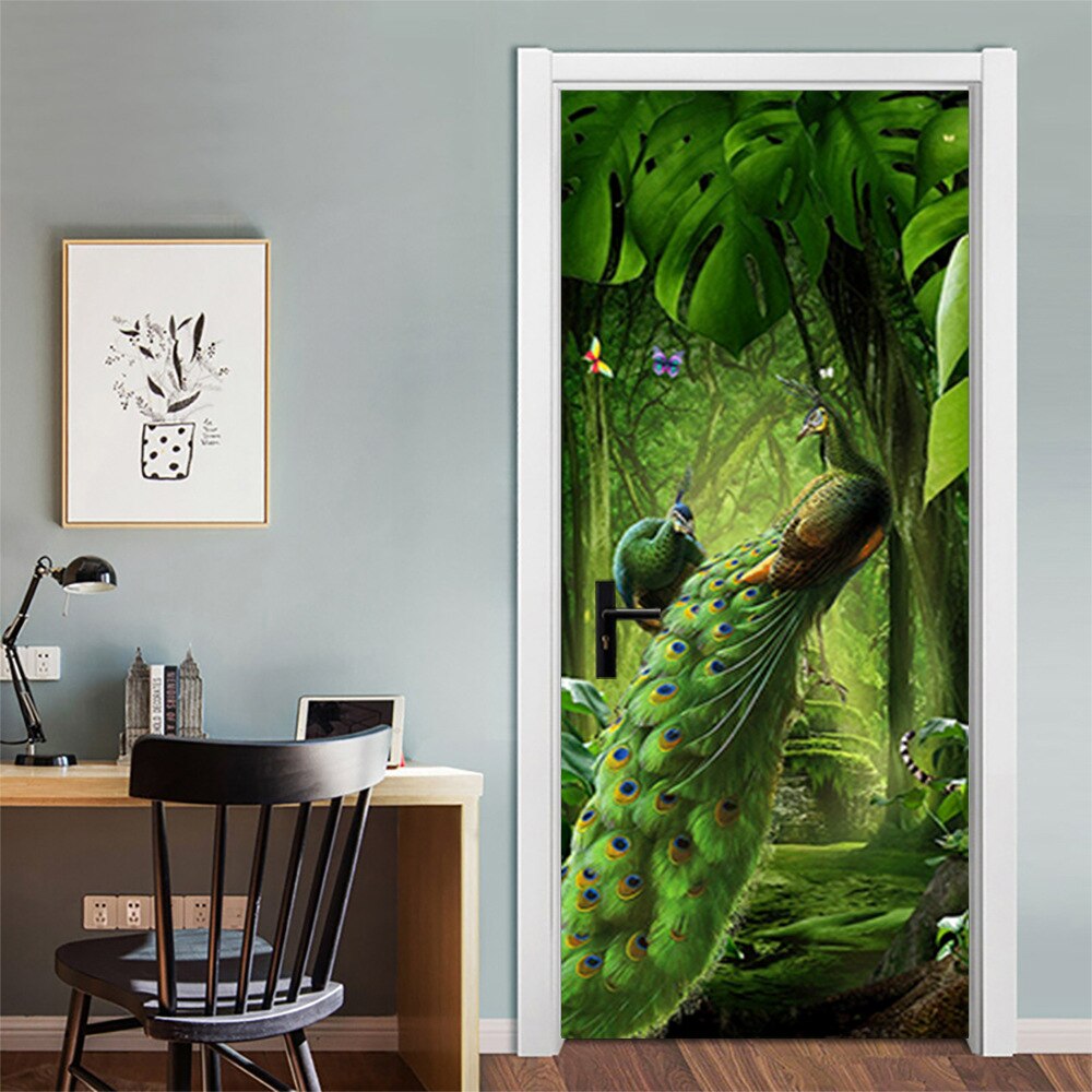 3D Peacock Forest PVC Door Sticker Self Adhesive W... – Vicedeal