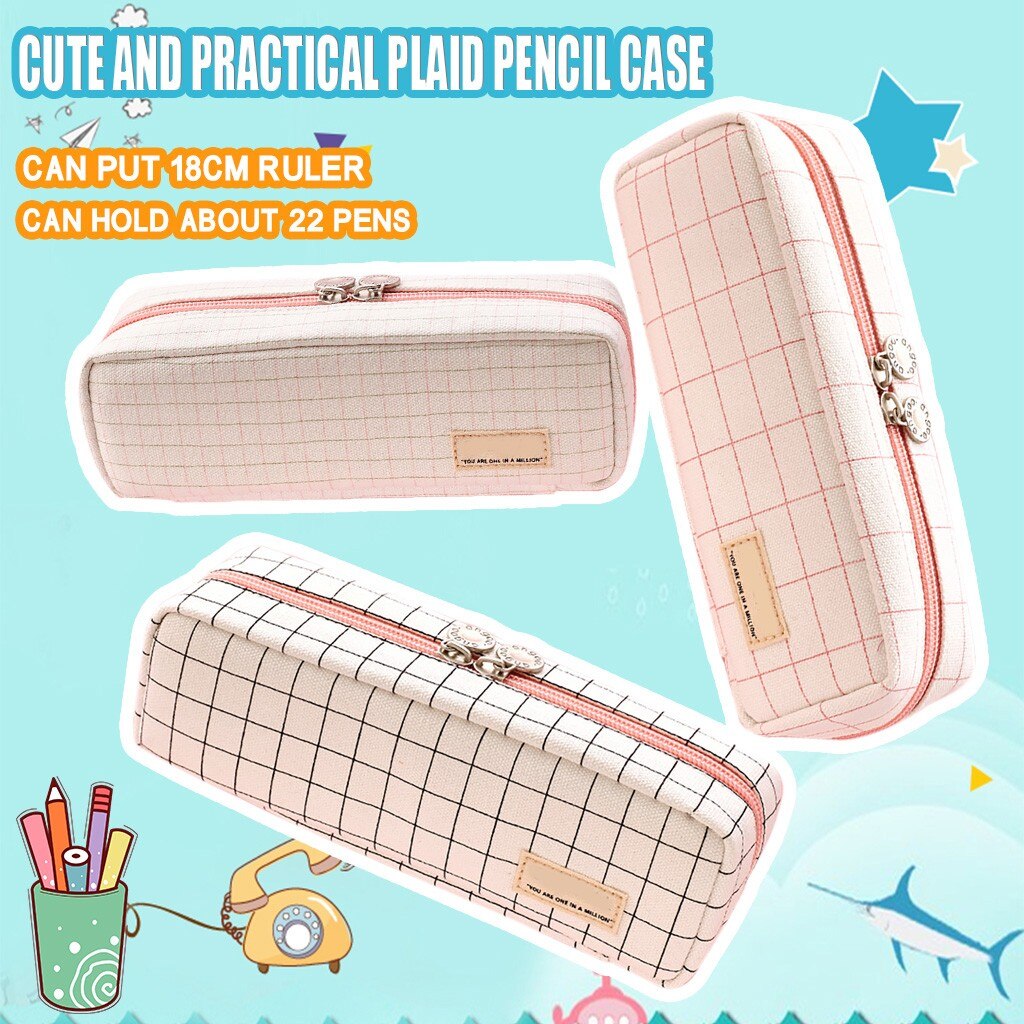 Pink lattice Large Capacity Pencil Cases Bags Fabr... – Grandado