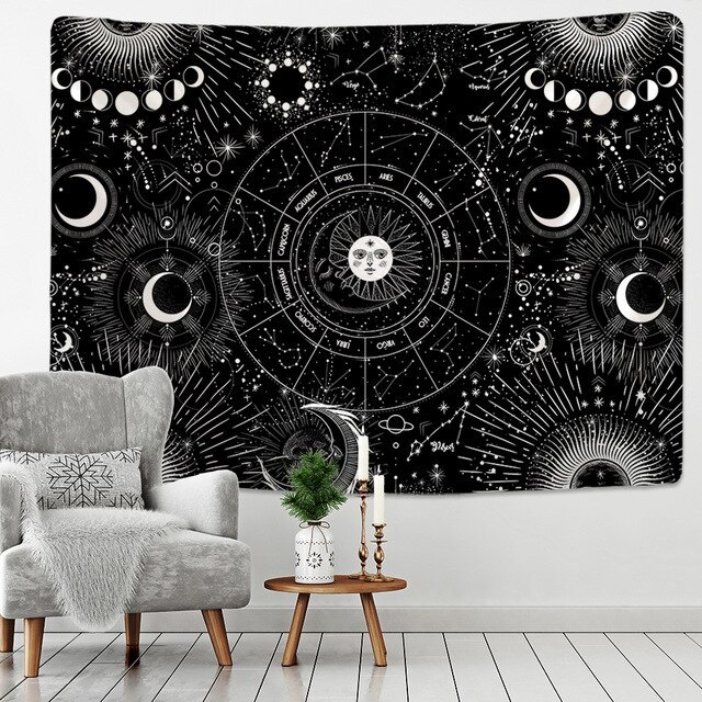 Sun Moon Mandala Starry Sky Tapestry White Black W... – Vicedeal