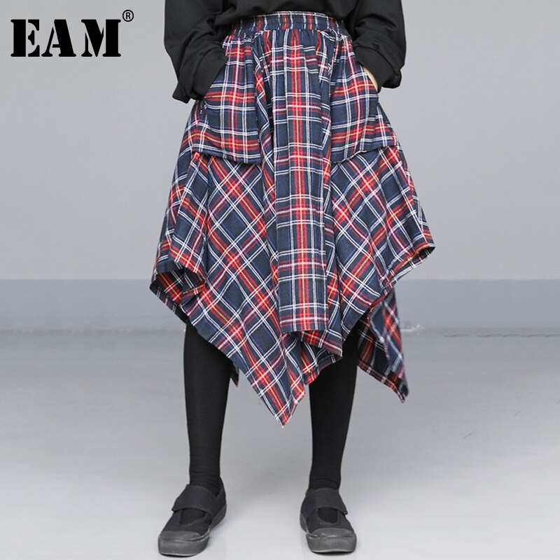 [EAM] High Elastic Waist Red Asymmetrical Plaid Ba... – Vicedeal