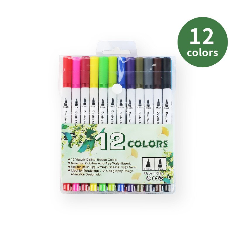 12 Color Dual Brush Art Markers Fine Tip and Brush... – Grandado