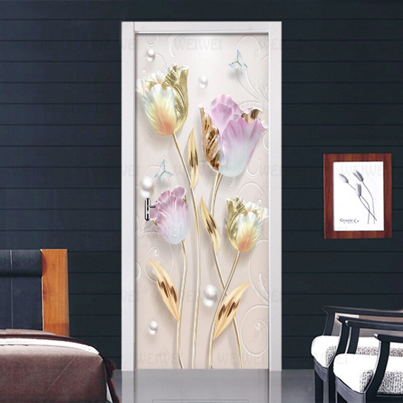 Modern Embossed Tulip Flowers Door Stickers Mural ... – Vicedeal