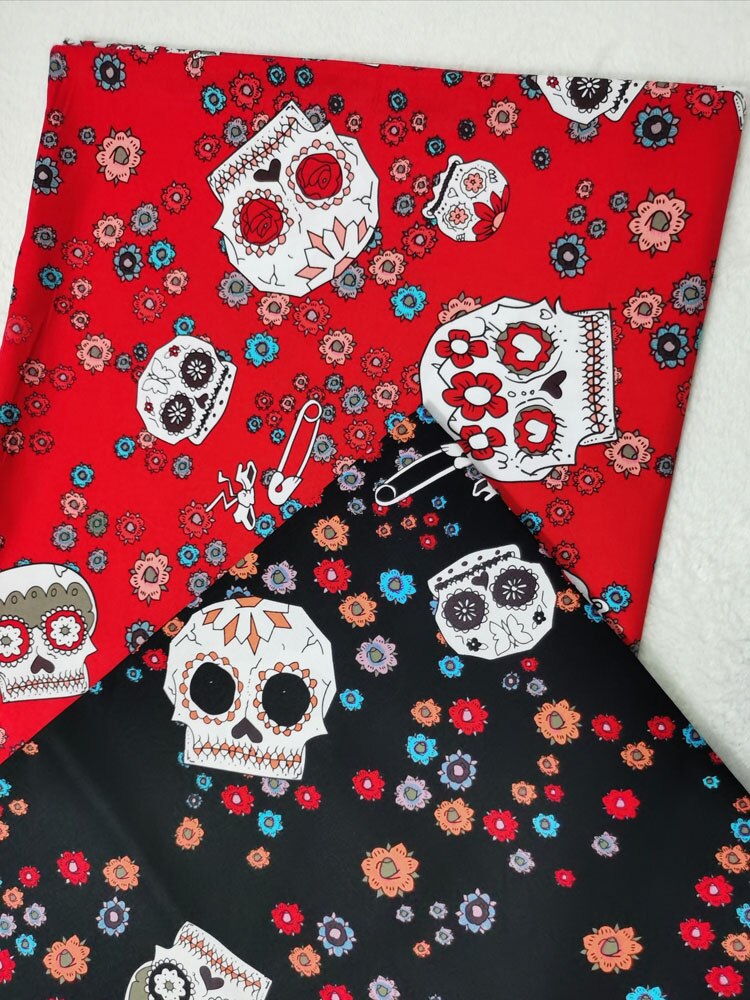 Novelty Flower Skull Cotton Fabric Twill Spandex E... – Grandado