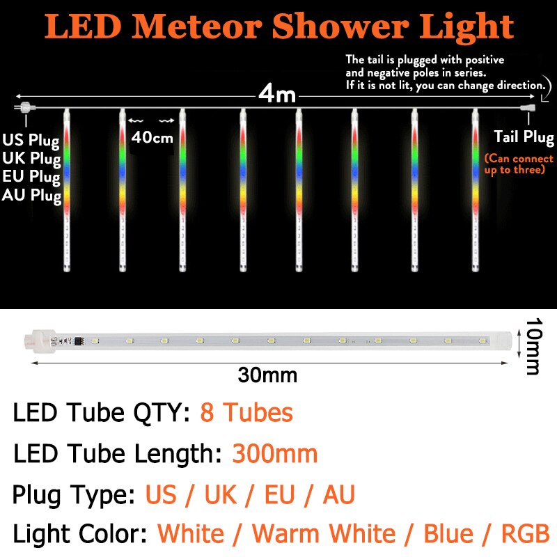 2X 30cm LED Meteor Shower Rain Light 8 Tubes LED C... – Vicedeal