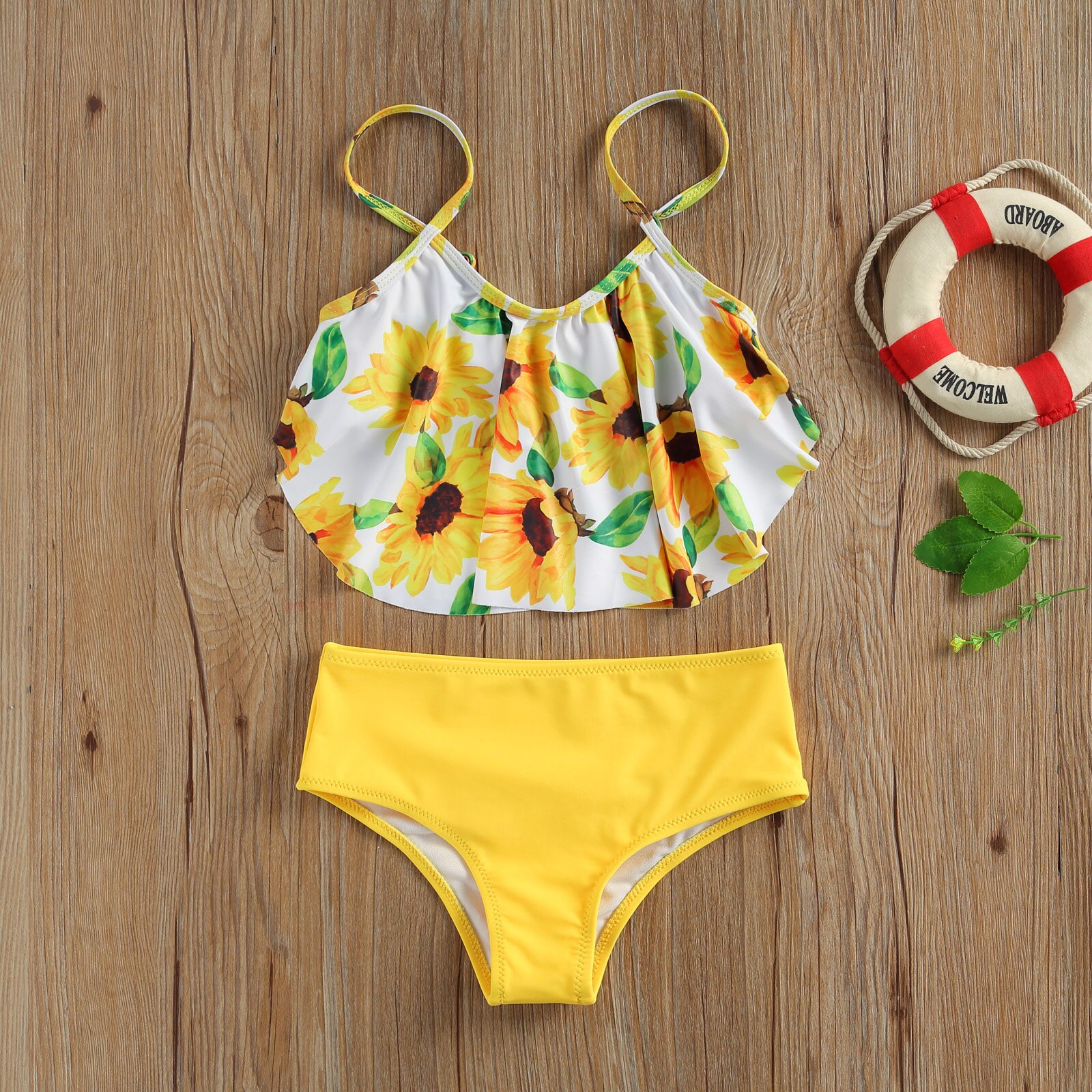 Girl Swimsuit Set Sunflower Print Sleeveless Ruffl... – Grandado