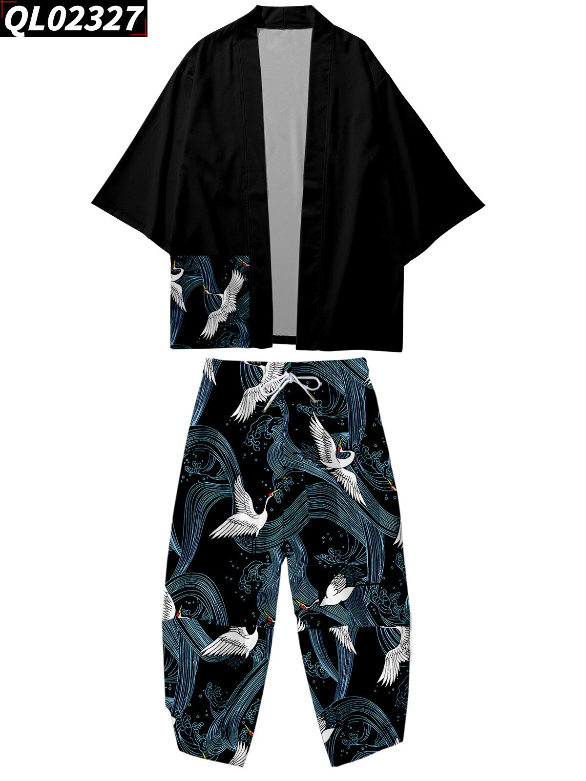Japanese Samurai Cardigan Crane Print Two-piece Su... – Vicedeal