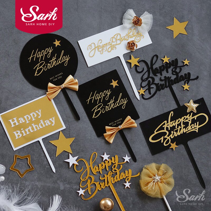 Black Gold Noble Star Bow Hook Happy Birthday Cake... – Vicedeal