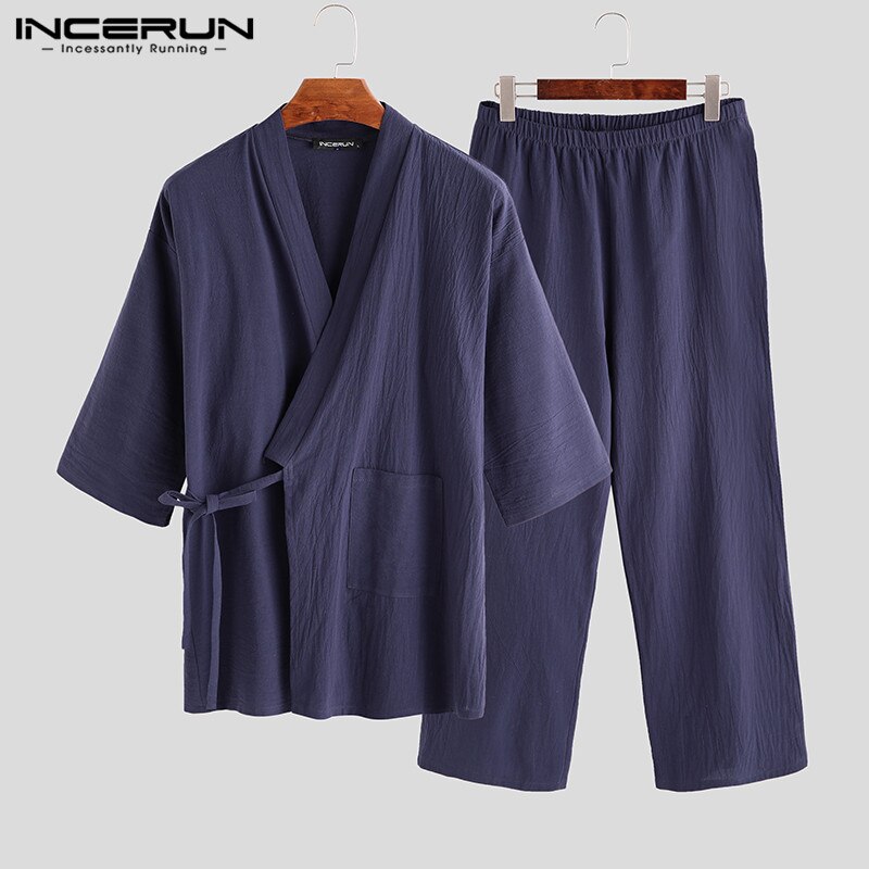 INCERUN Japanse Stijl Katoen Mannen Kimono Set Pyj... – Vicedeal