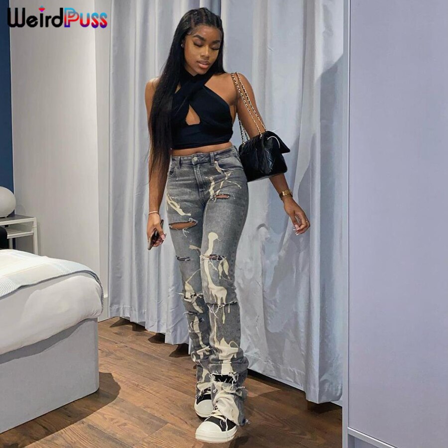 Weird Puss Cotton Hole Jeans Trend Y2K Woman Pants... – Grandado
