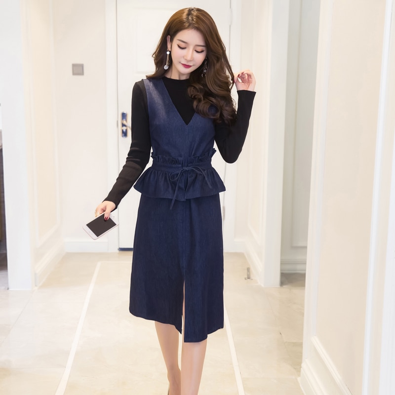 Women Spring Ruffles Slim Waist Denim Knee Length ... – Grandado