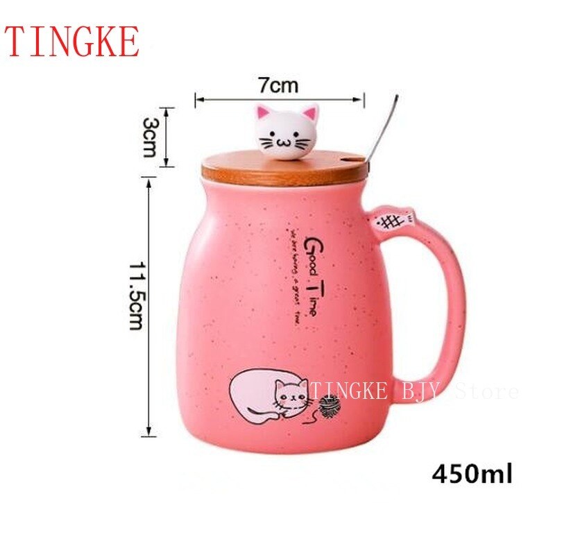 450ml Cartoon Ceramic Cute Cat Cup with Lid and Sp... – Grandado