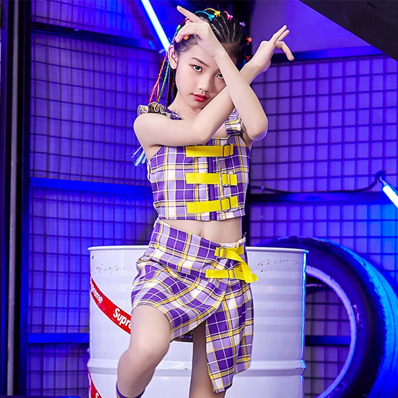Girls Hip Hop Costumes Trendy Purple Plaid Vest Sk... – Vicedeal