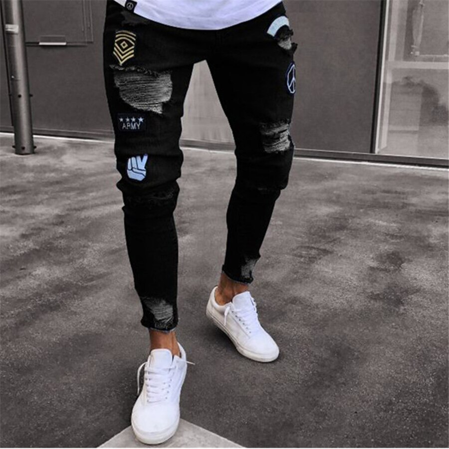 Jeans rasgados para homem letras de crachá hip-hop... – Vicedeal
